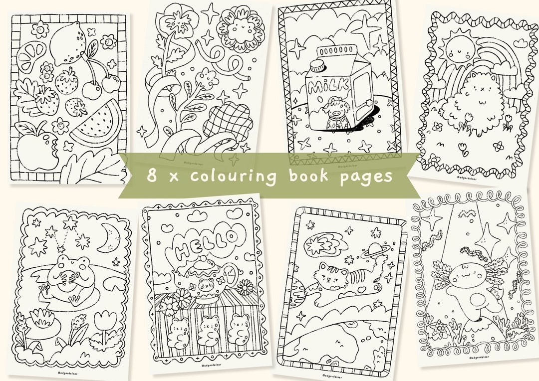8x COLORING BOOK SHEETS, Printable Hand Drawn Illustrations, for Adults ...