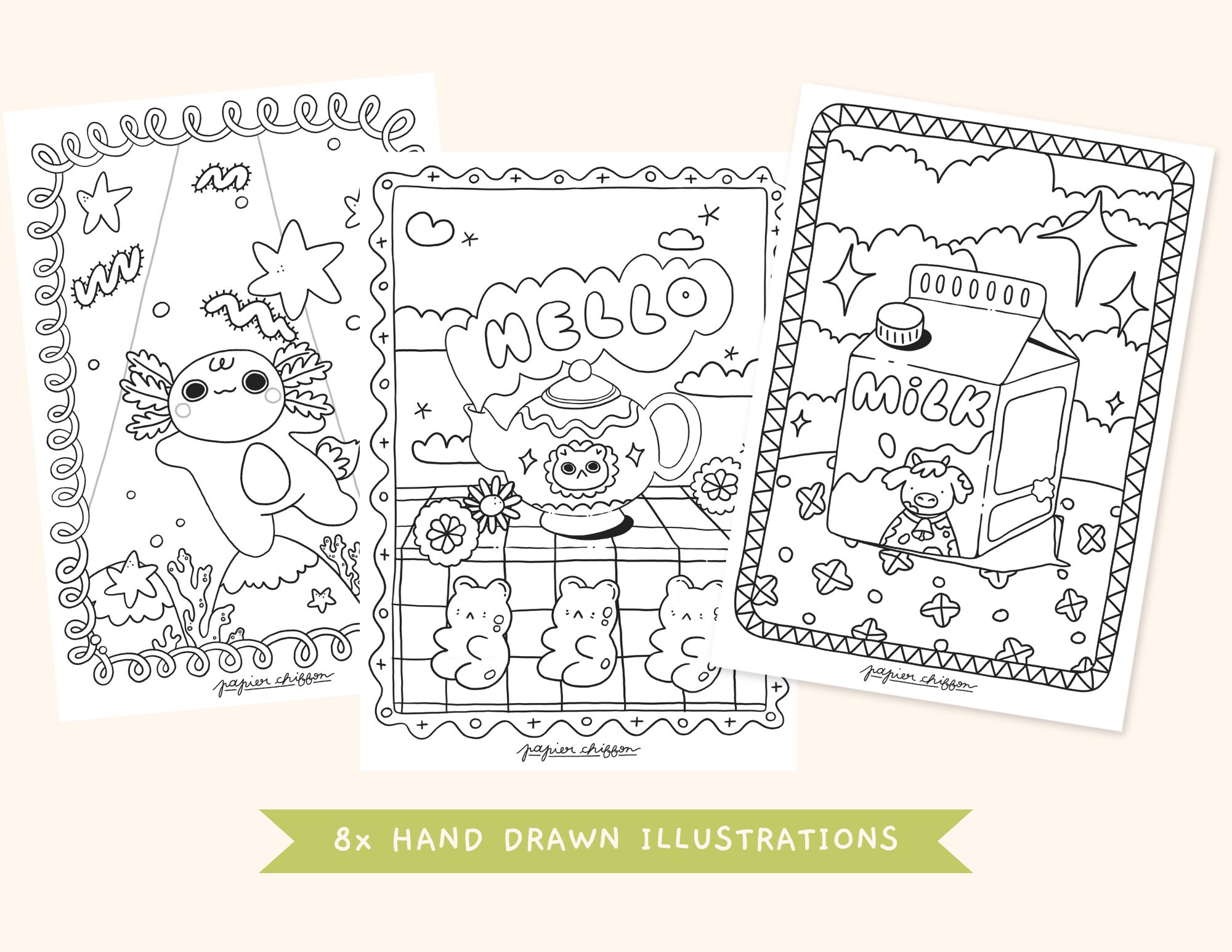 8x COLORING BOOK SHEETS, Printable Hand Drawn Illustrations, for Adults ...
