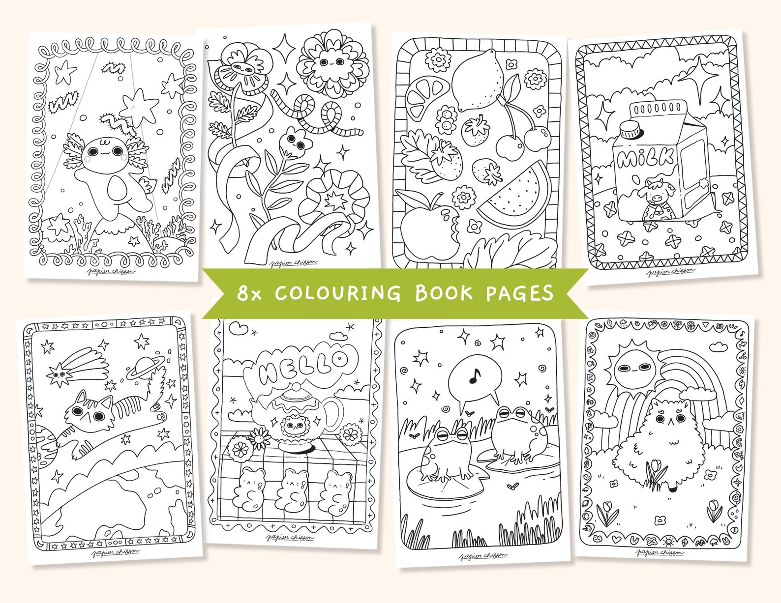 8x COLORING BOOK SHEETS, Printable Hand Drawn Illustrations, for Adults ...