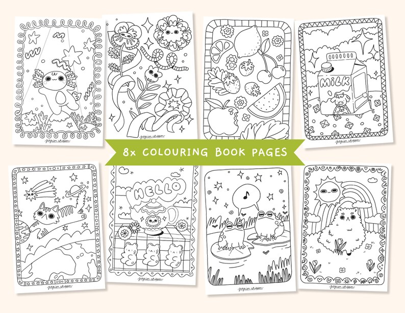 8x COLORING BOOK SHEETS, Printable Hand Drawn Illustrations, for Adults ...