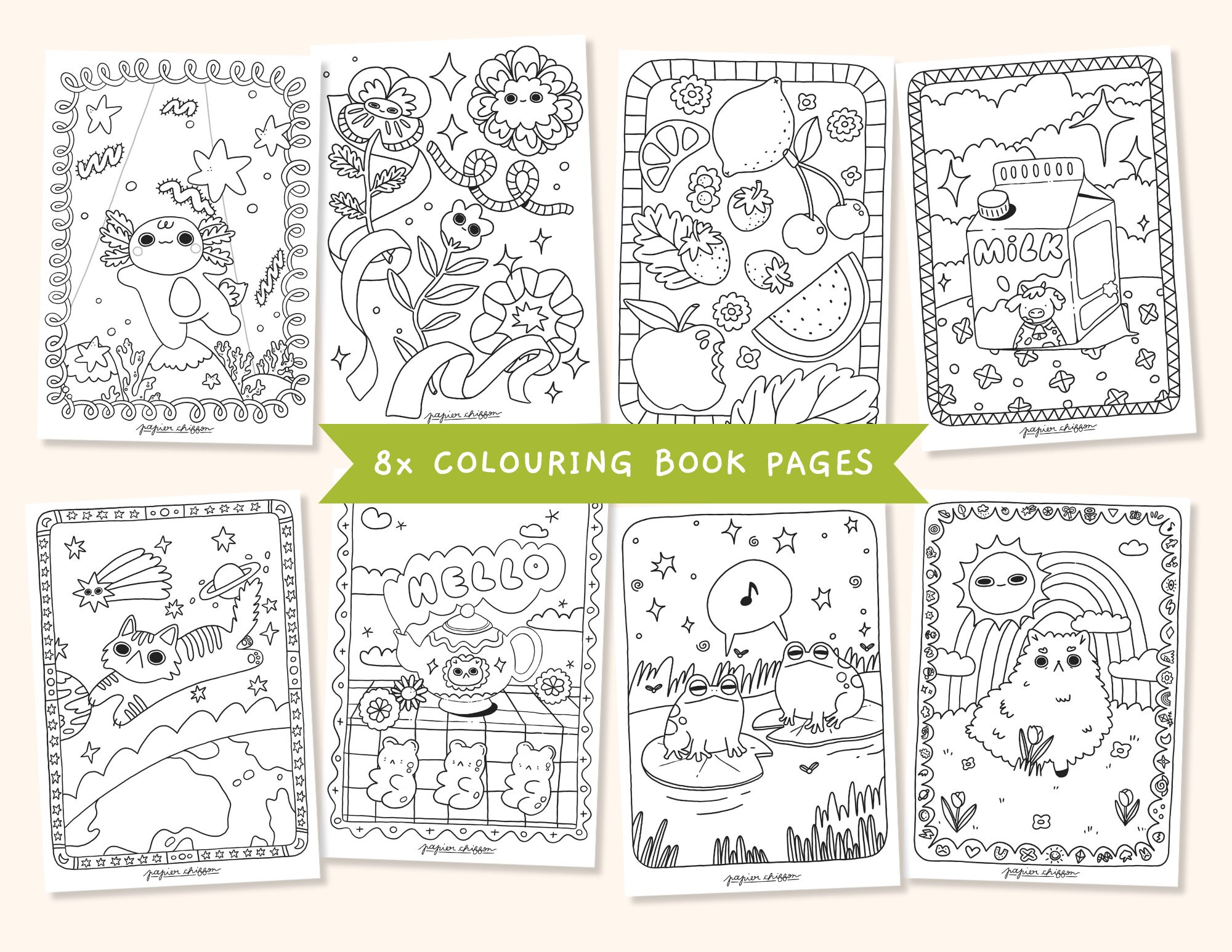 8x COLORING BOOK SHEETS, Printable Hand Drawn Illustrations, for Adults ...