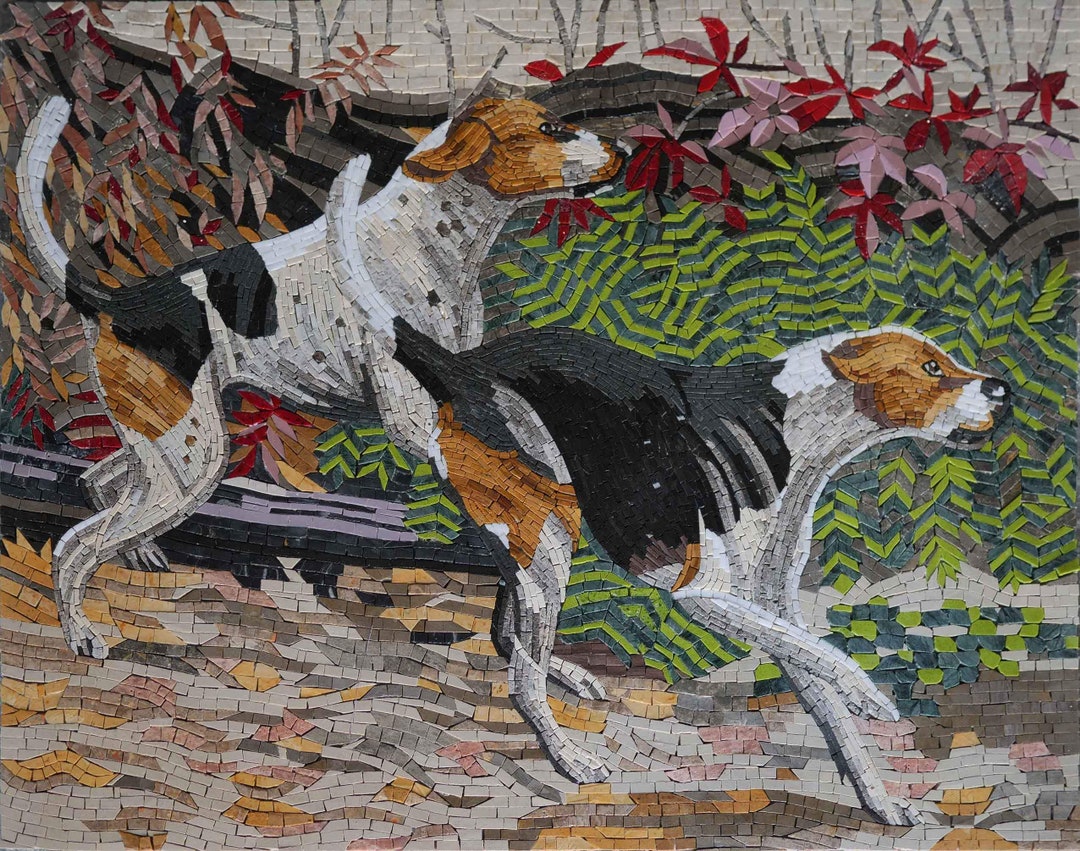 Dog Mosaic Art, Dogs Playing in a Garden, Flower Mosaic Art, - Etsy