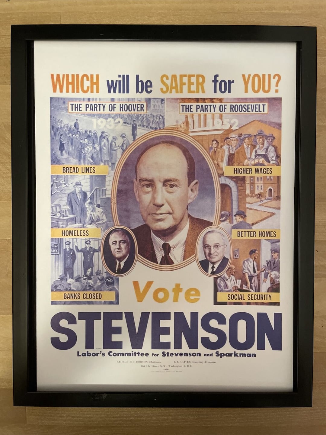 Framed Presidential Campaign Poster, Adlai Stevenson, Democrat, 1952 - Etsy