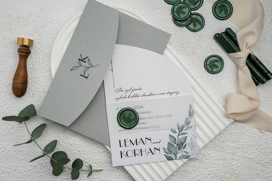 Leaf Pattern Invitation Card, Oval Cut Wedding Invitation, Frosted Belt ...