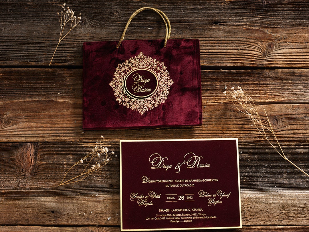 Burgundy Velvet Invitation, Luxury Invitations, Gold Foil Print, Unique ...