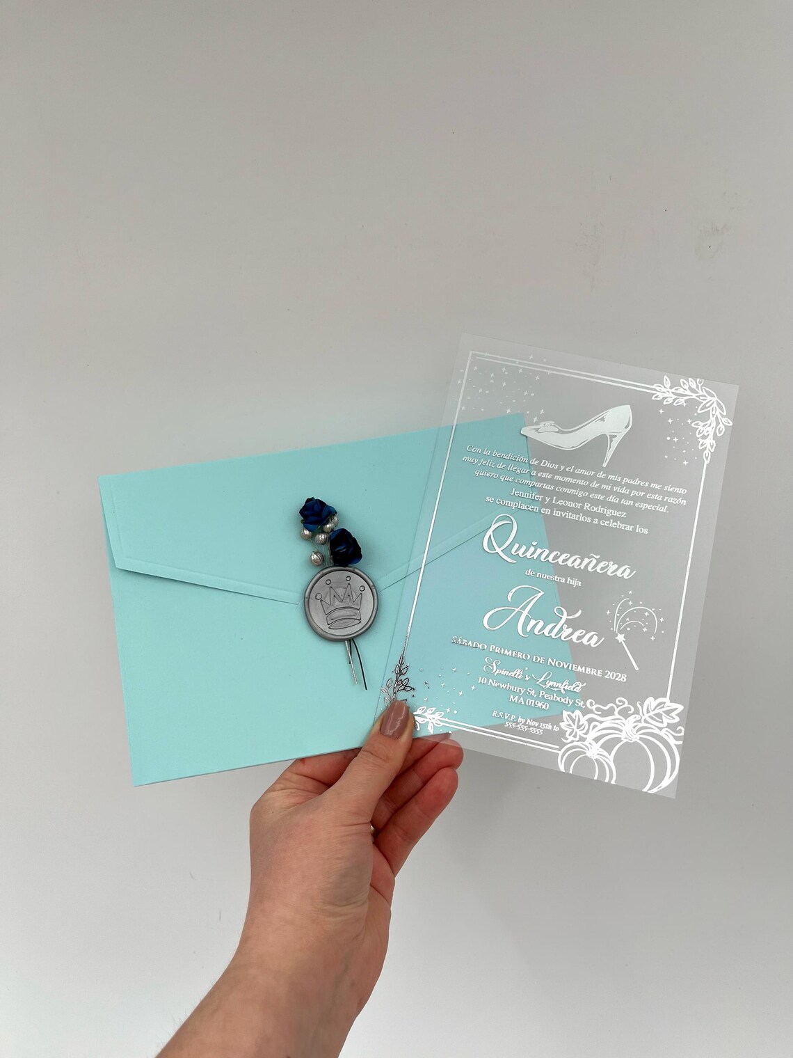 Acrylic Quinceanera Invitation: Silver Gilded, Baby Blue Envelope - Etsy