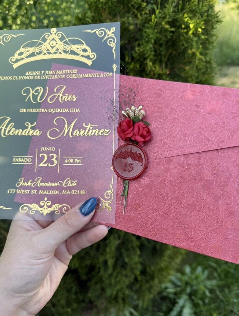 Gold Gilded Acrylic Quinceañera Invitation: Red Floral Embossed ...