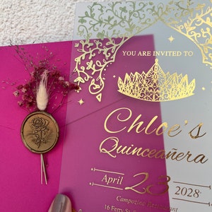 Acrylic Quinceañera Invitation: Gold Gilded, Fuchsia Envelope, Frosted ...