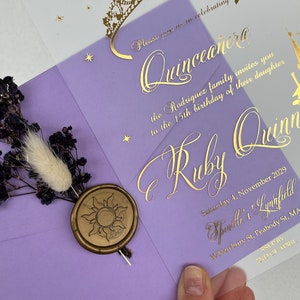 Rapunzel Quinceanera Invitation: Gold Crown, Lilac Envelope, Sweet 16 ...
