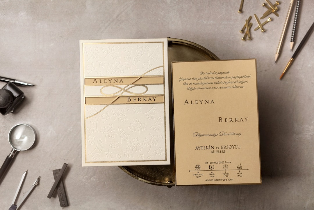Cream Wedding Invitation, Premium Textured Paper Envelope, Gold Frame ...