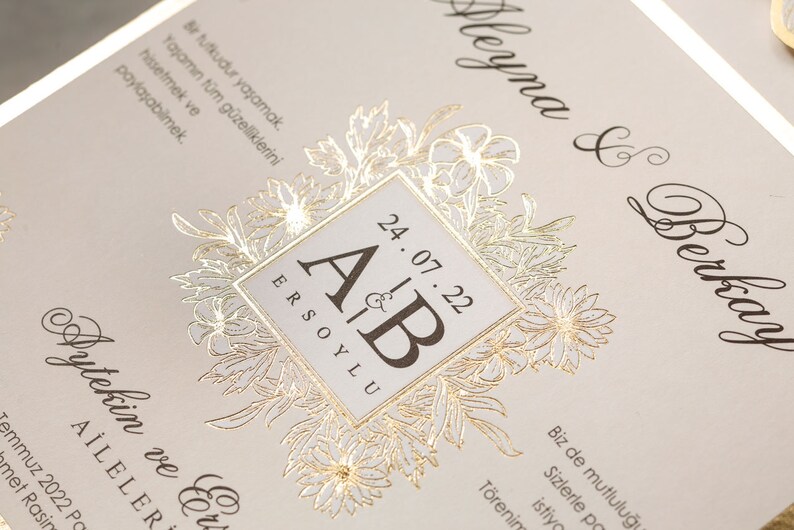 Gold Floral Detail Wedding Invitation Gold Frame Ivory Color - Etsy