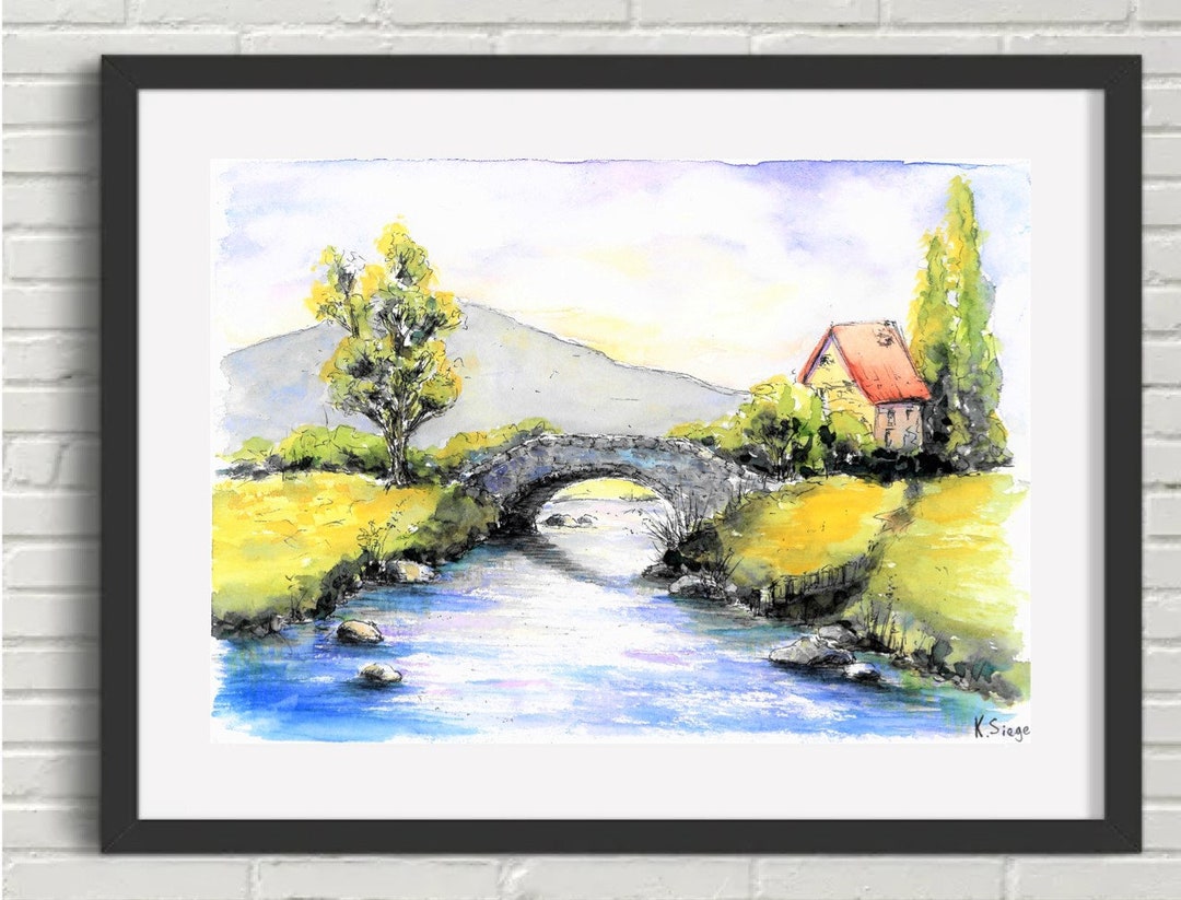 River Landscape Print Stone Bridge Art Nature Sketch Art Mountains ...