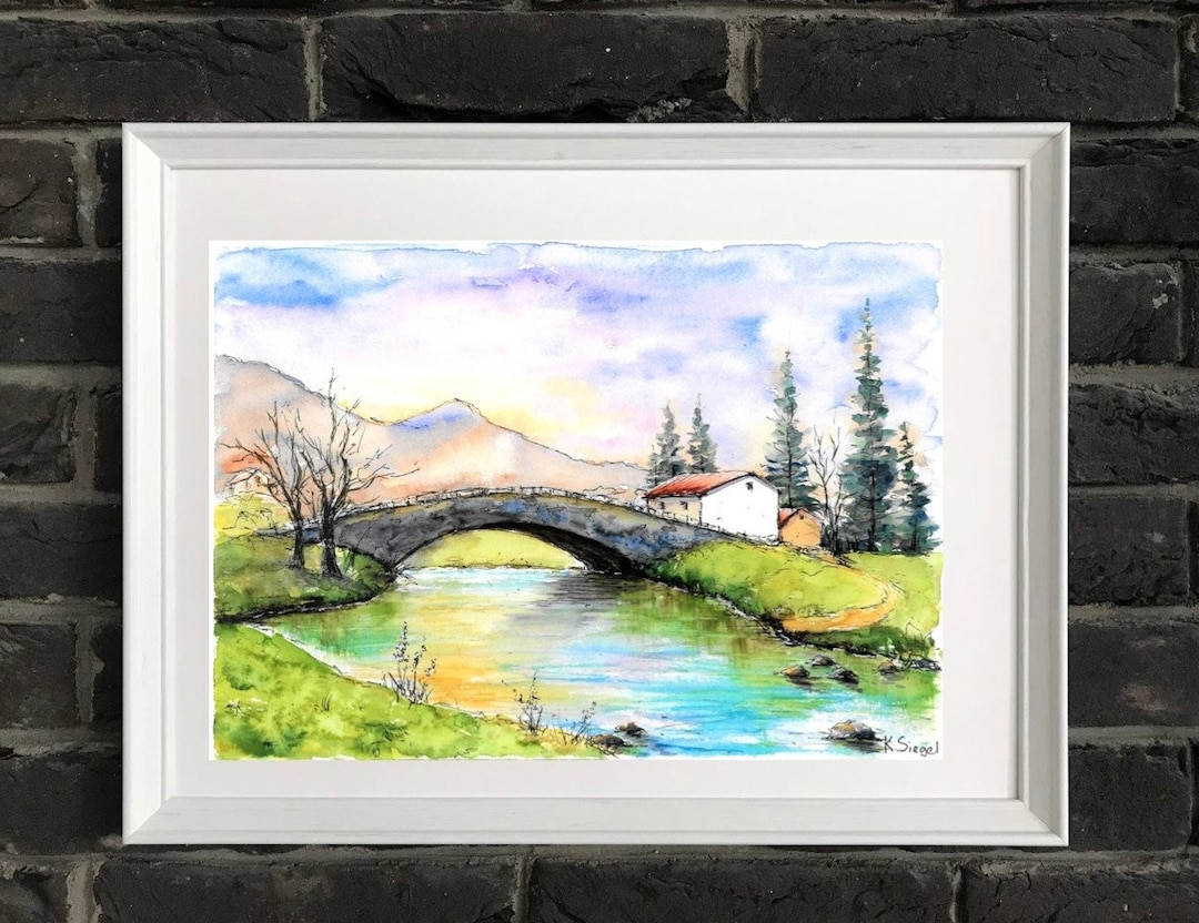 River Landscape Print Stone Bridge Art Nature Sketch Art Mountains ...