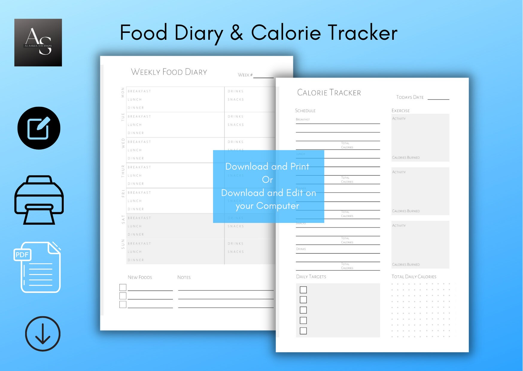 Food Diary & Calories Tracker - Printable or Edit Digitally PDF - in ...