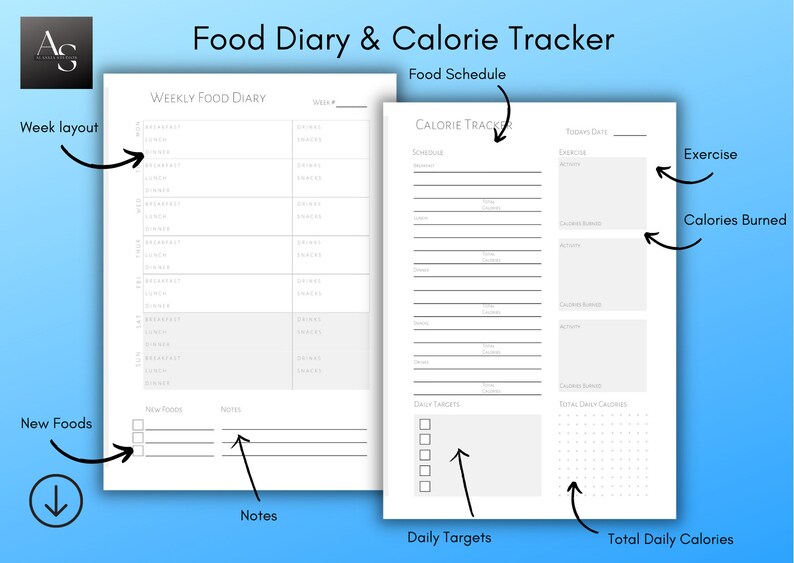 Food Diary & Calories Tracker - Printable or Edit Digitally PDF - in ...