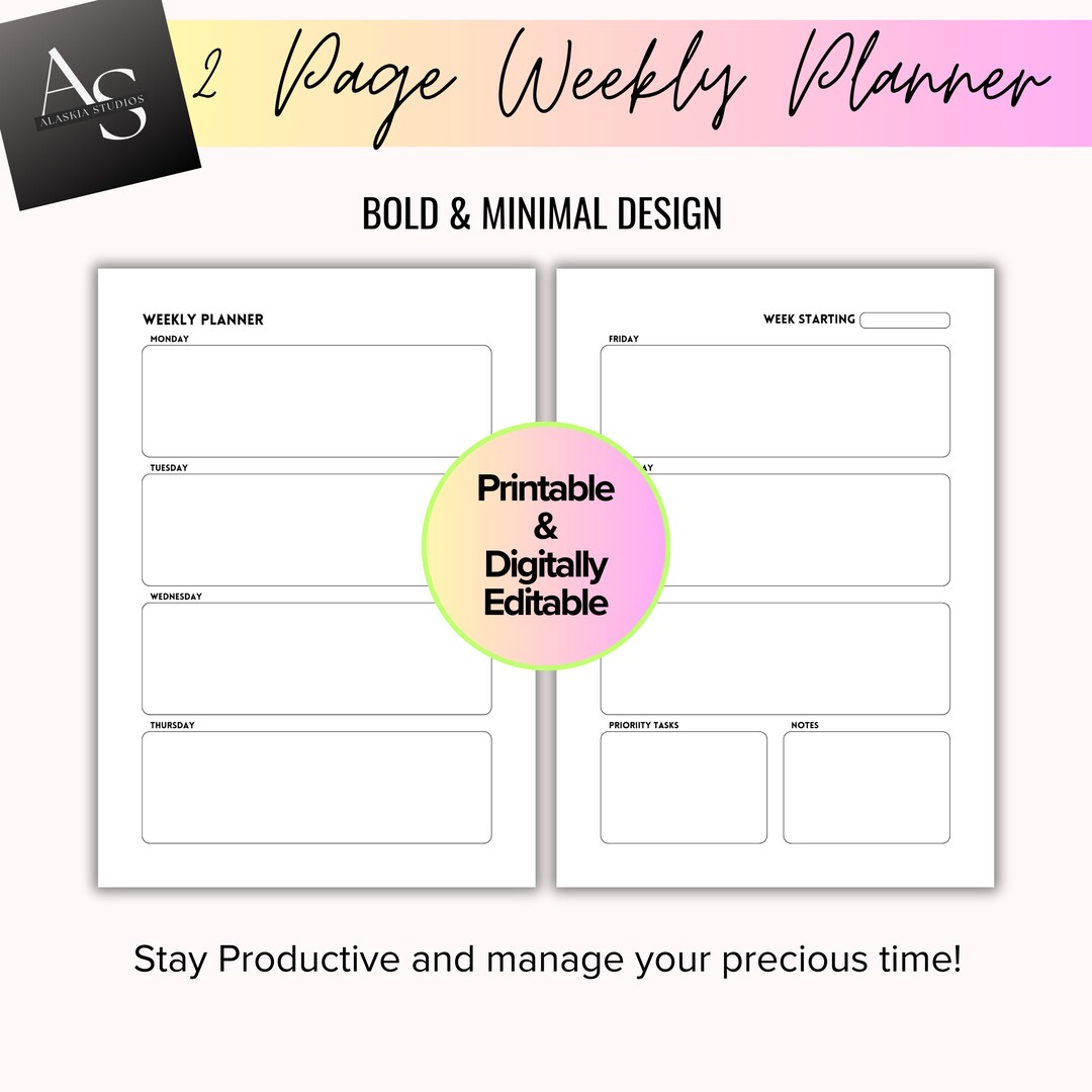 Two Page Weekly Planner - BOLD and Minimalistic Design - Simple Way to ...