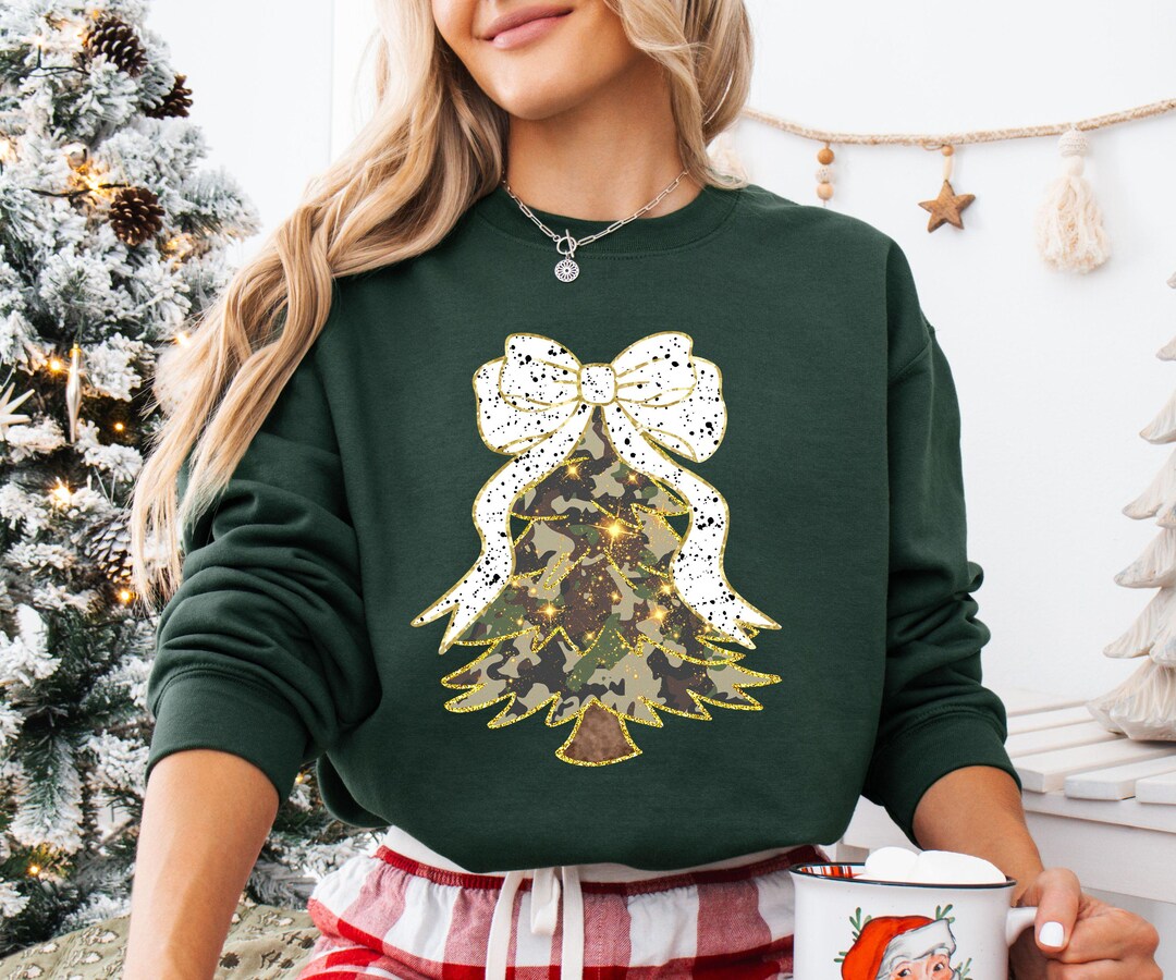 Camo Christmas Tree Sweatshirt Coquette Hunter Xmas Sweater Women Bow ...