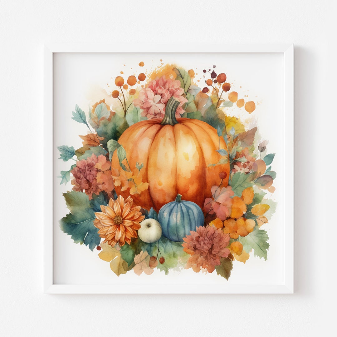 DIGITAL PRINTABLE, Beautiful Watercolor Fall Pumpkin With Flowers ...