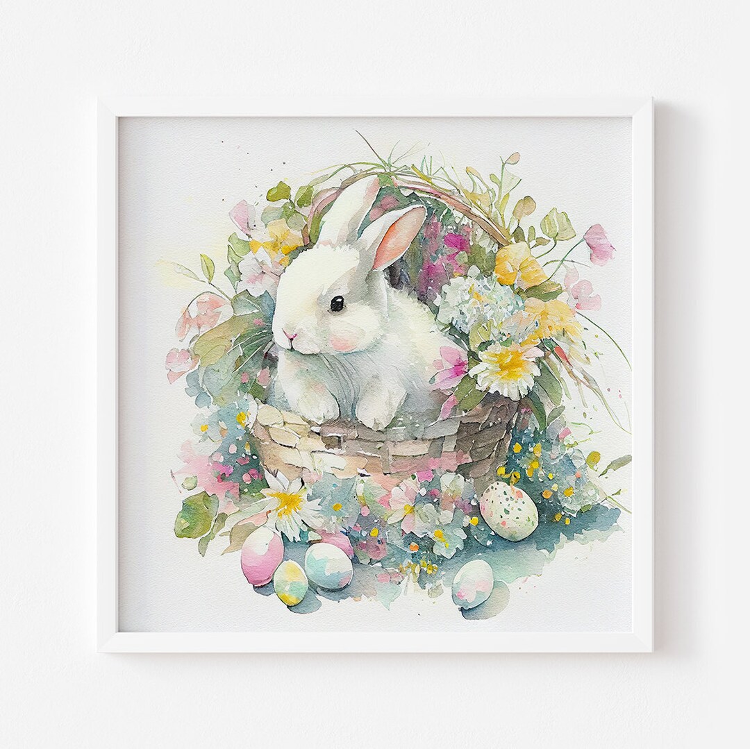 DIGITAL PRINTABLE, Spring Bunny in Basket With Flowers Spring ...