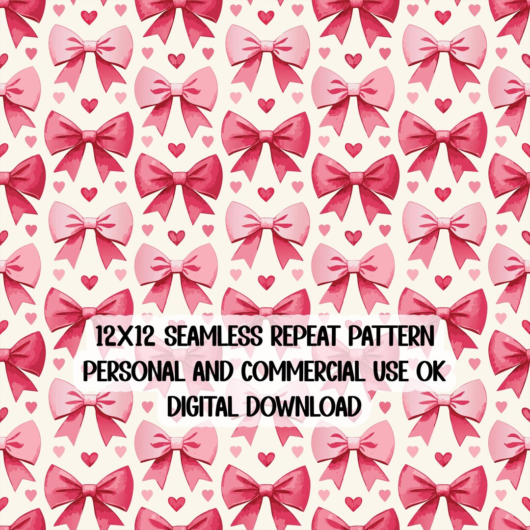 Watercolor Coquette Bows & Hearts Seamless Pattern (PNG Digital File ...
