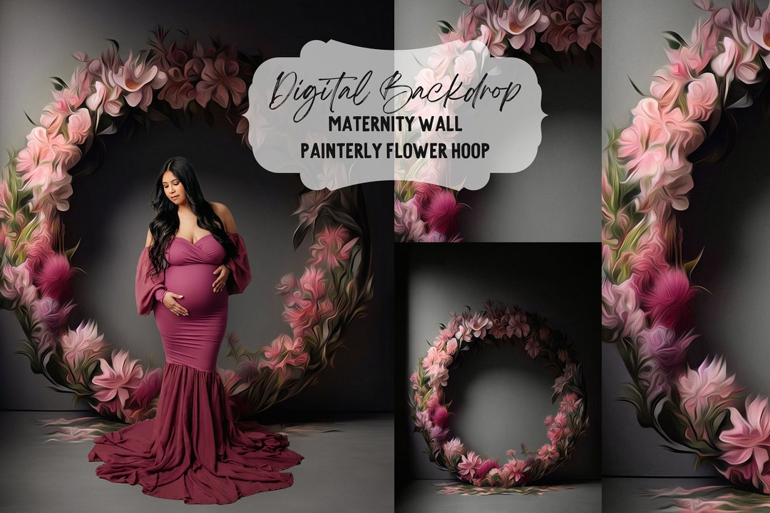 MATERNITY DIGITAL BACKDROP, Painterly Style Pink Floral Hoop on Grey ...