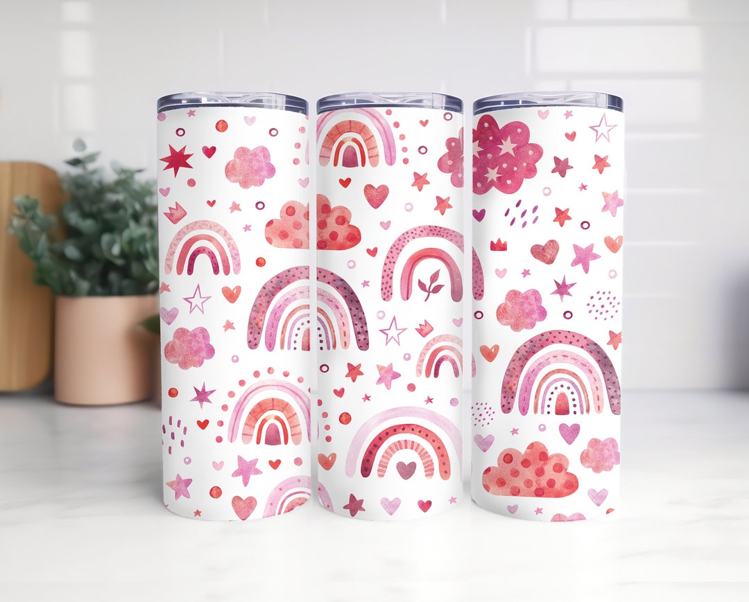 Sublimation TUMBLER WRAP, Pink Colors, Cute Boho Rainbows With Hearts ...