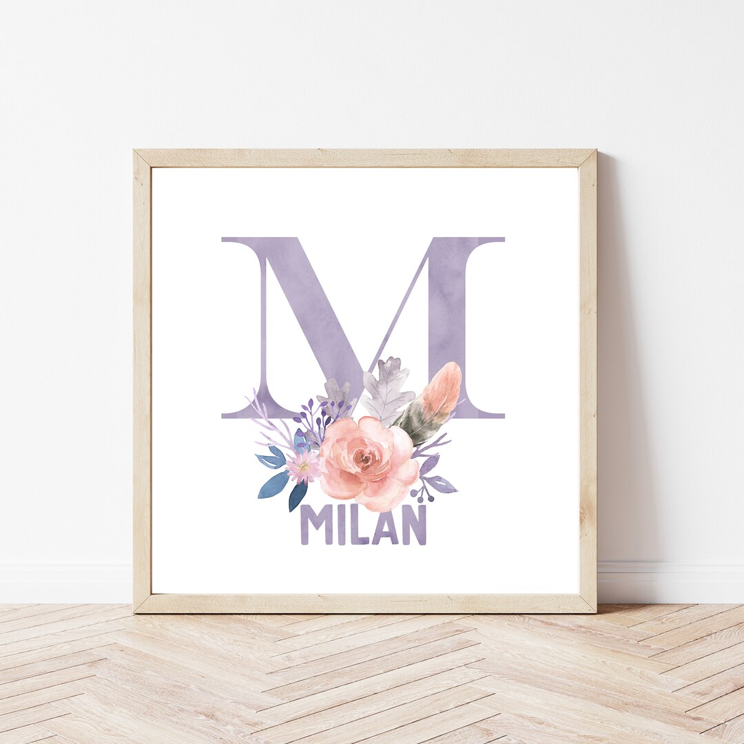 14x14 Digital Printable BABY NAME & Initial With Boho Floral Watercolor ...