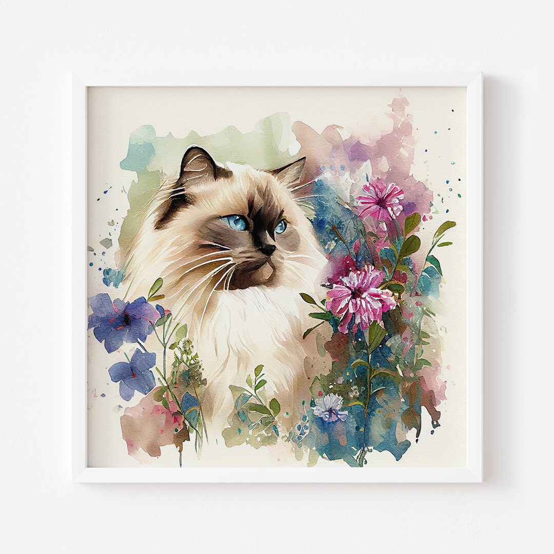 DIGITAL PRINTABLE, Spring Ragdoll Cat With Flowers Spring Watercolor ...