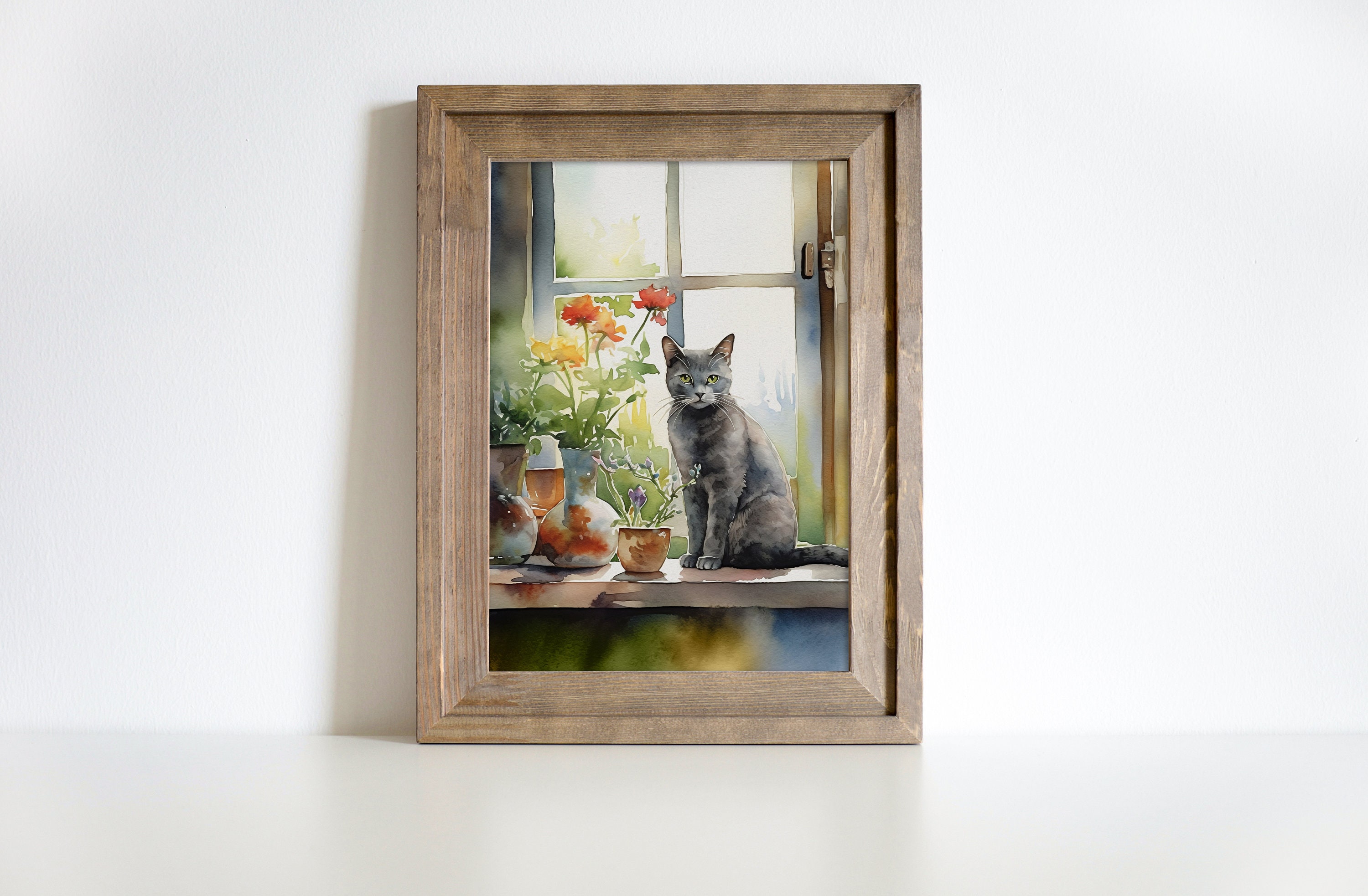 Grey Kitty Cat in Window, Digital Oil Paint, to Print, Home Decor, Wall ...