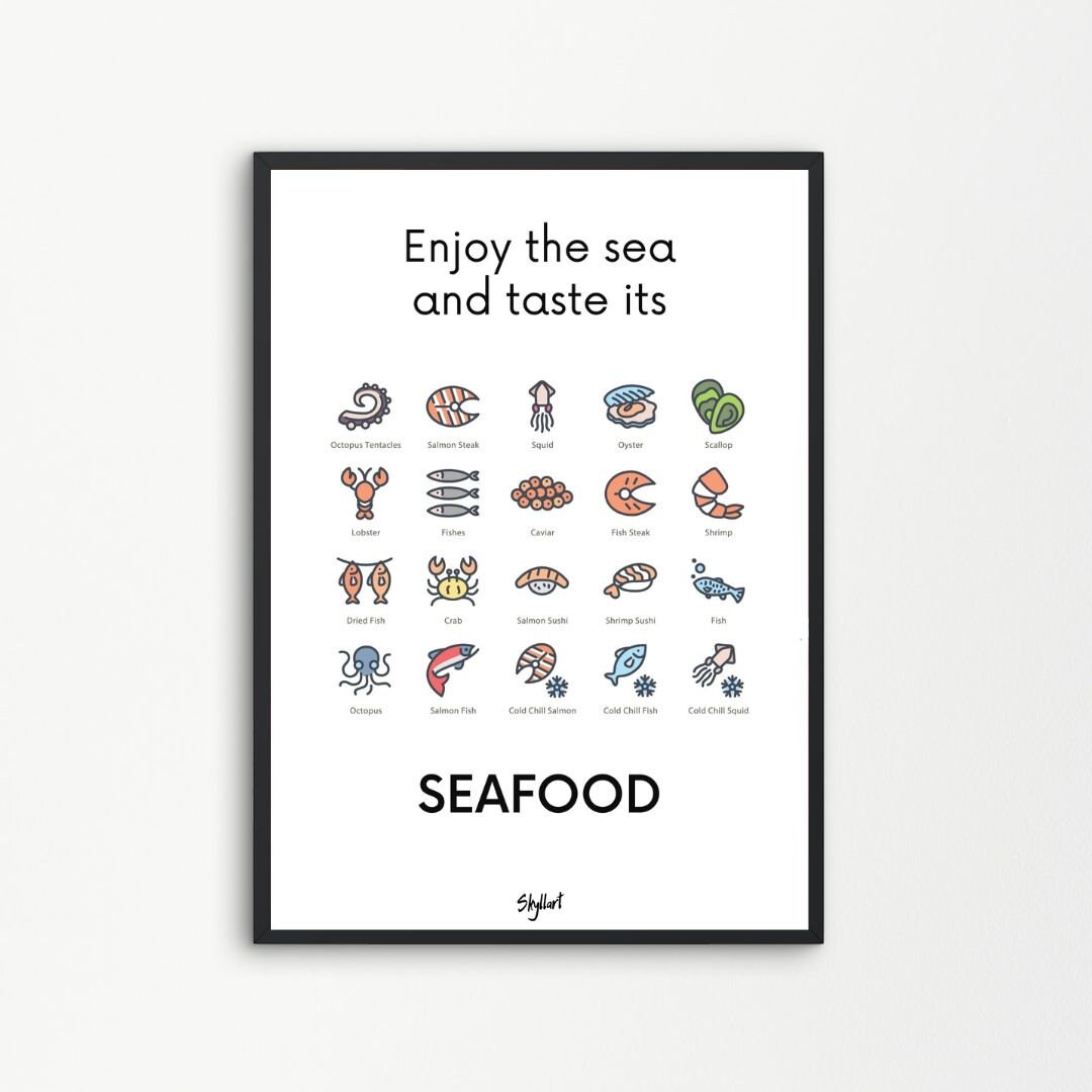 SEAFOOD Poster for Kitchen Home Restaurant Fish Shop, Wall Decoration ...