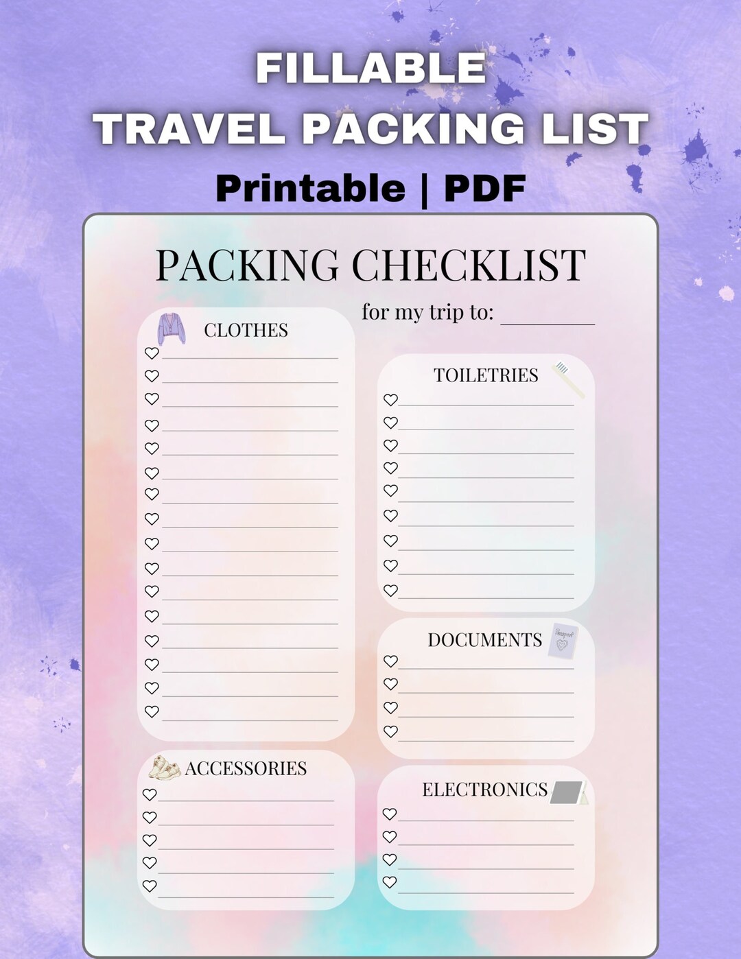 Travel Packing Checklist Printable Fillable PDF, Vacation Packing List ...