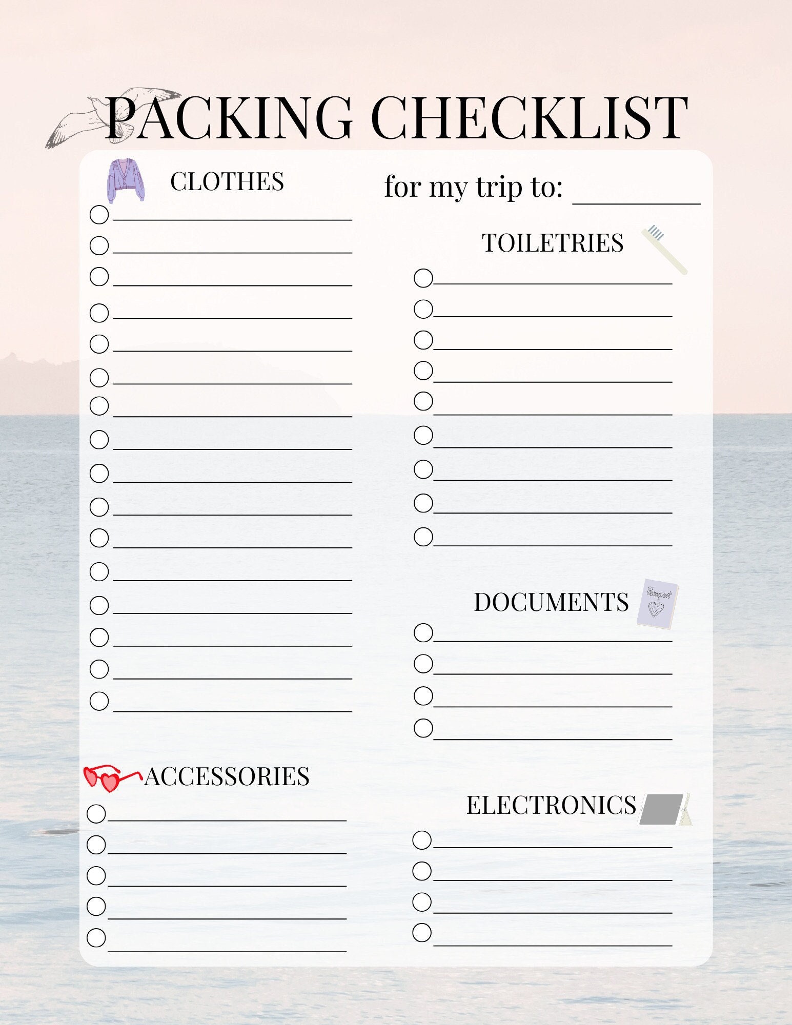 Travel Packing Checklist Printable Fillable PDF, Vacation Packing List ...