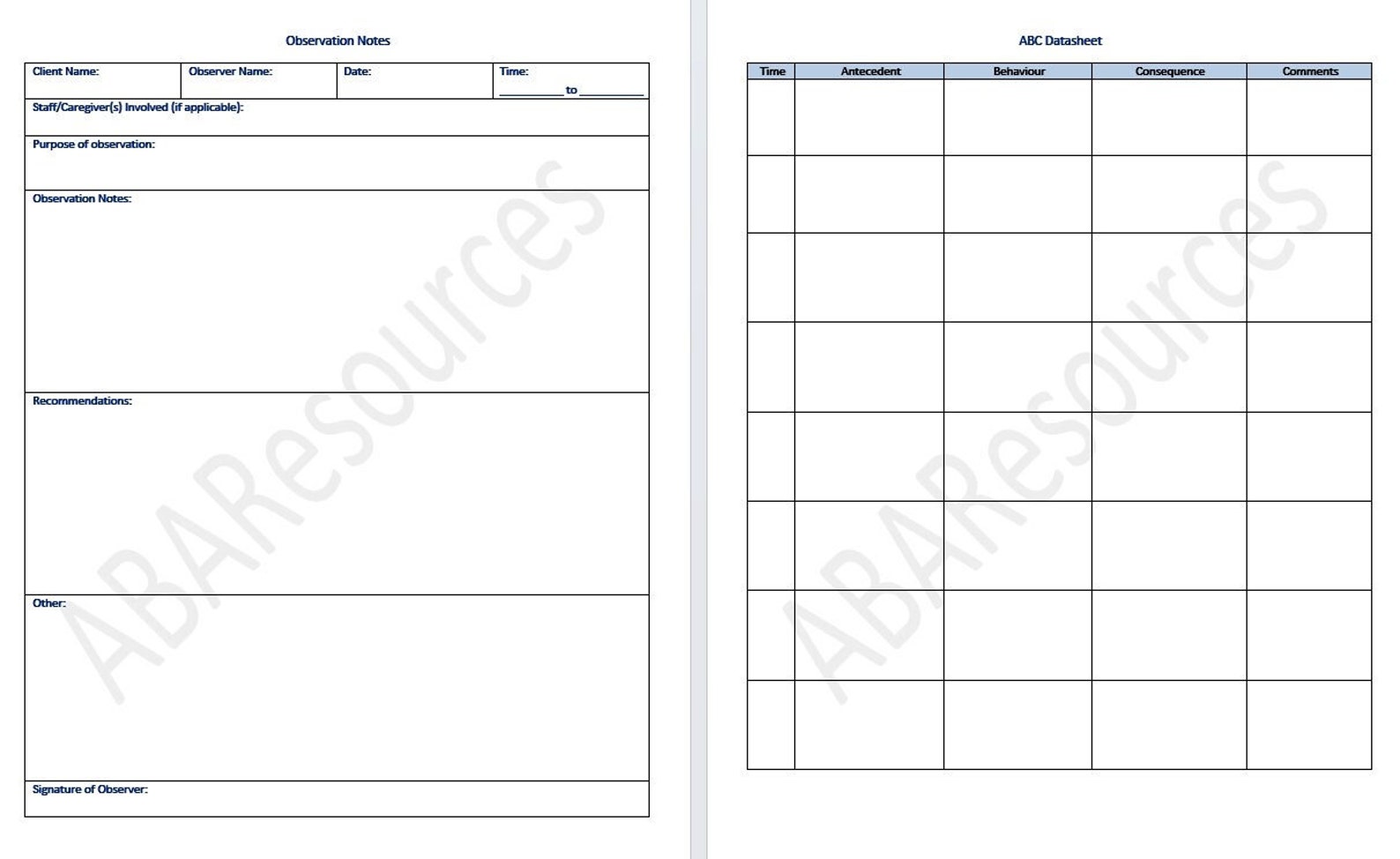 ABA Observation Notes Template With ABC Datasheet | Digital Download ...