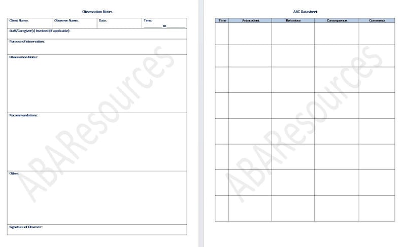 ABA Observation Notes Template With ABC Datasheet | Digital Download ...