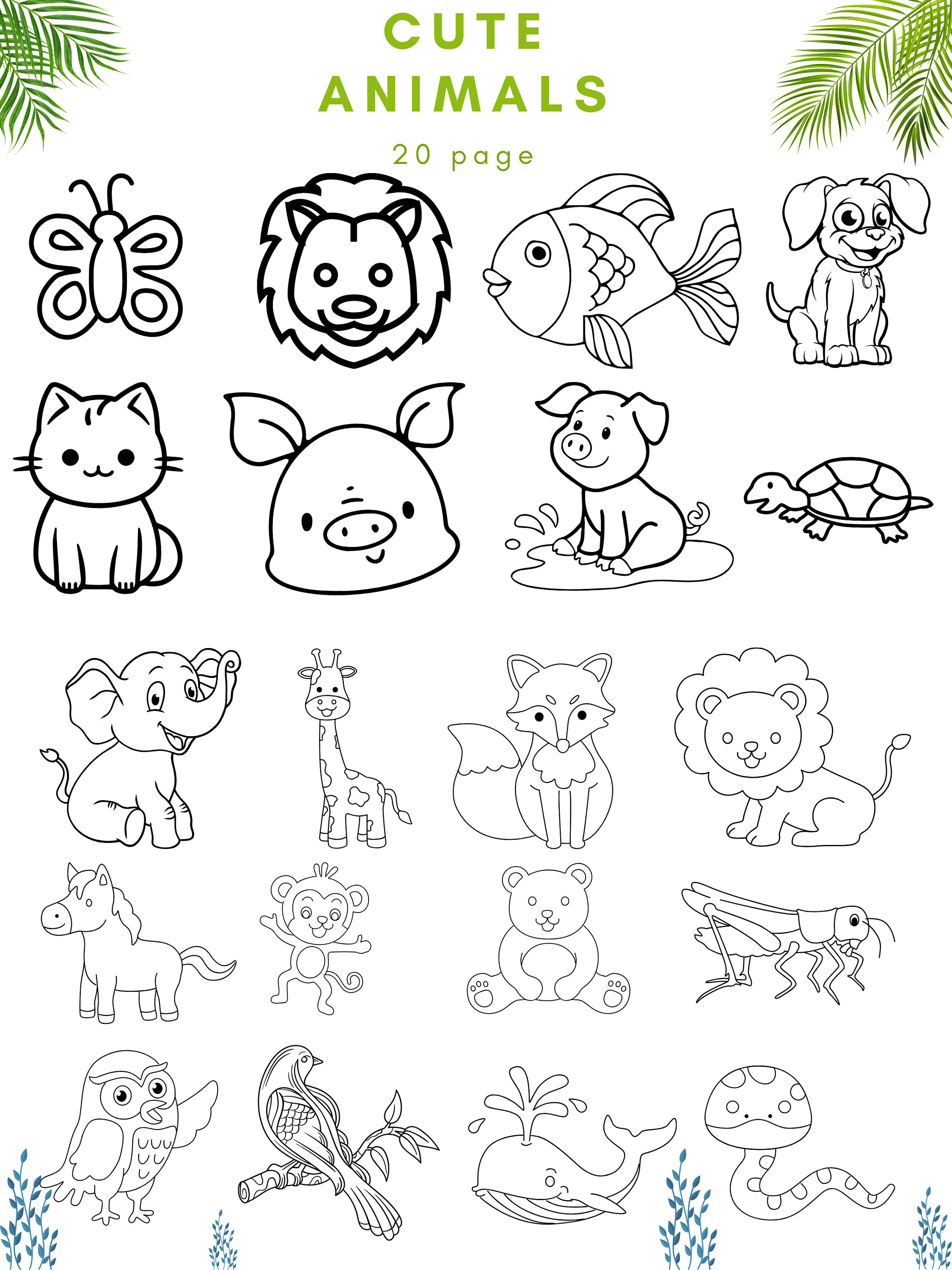 Printable Cute Animals Coloring Pages for Kids, 20 Coloring Pages for ...