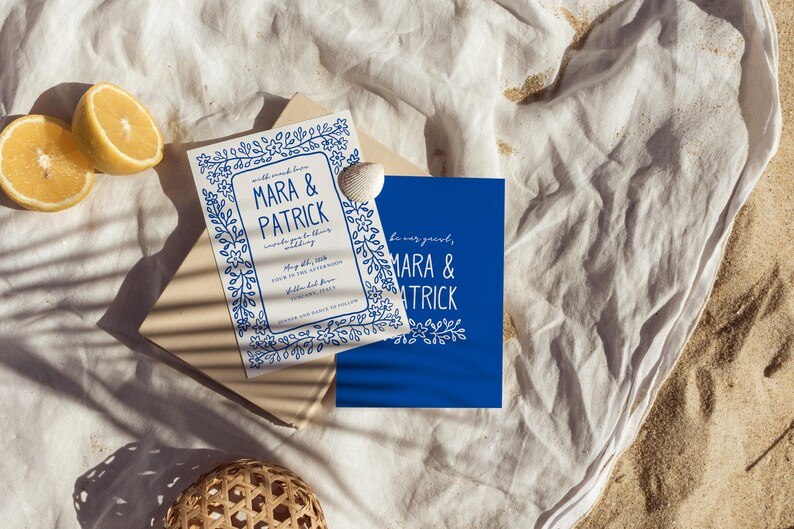 Mediterranean Wedding Invitation - Blue | Hand-illustrated Digital ...