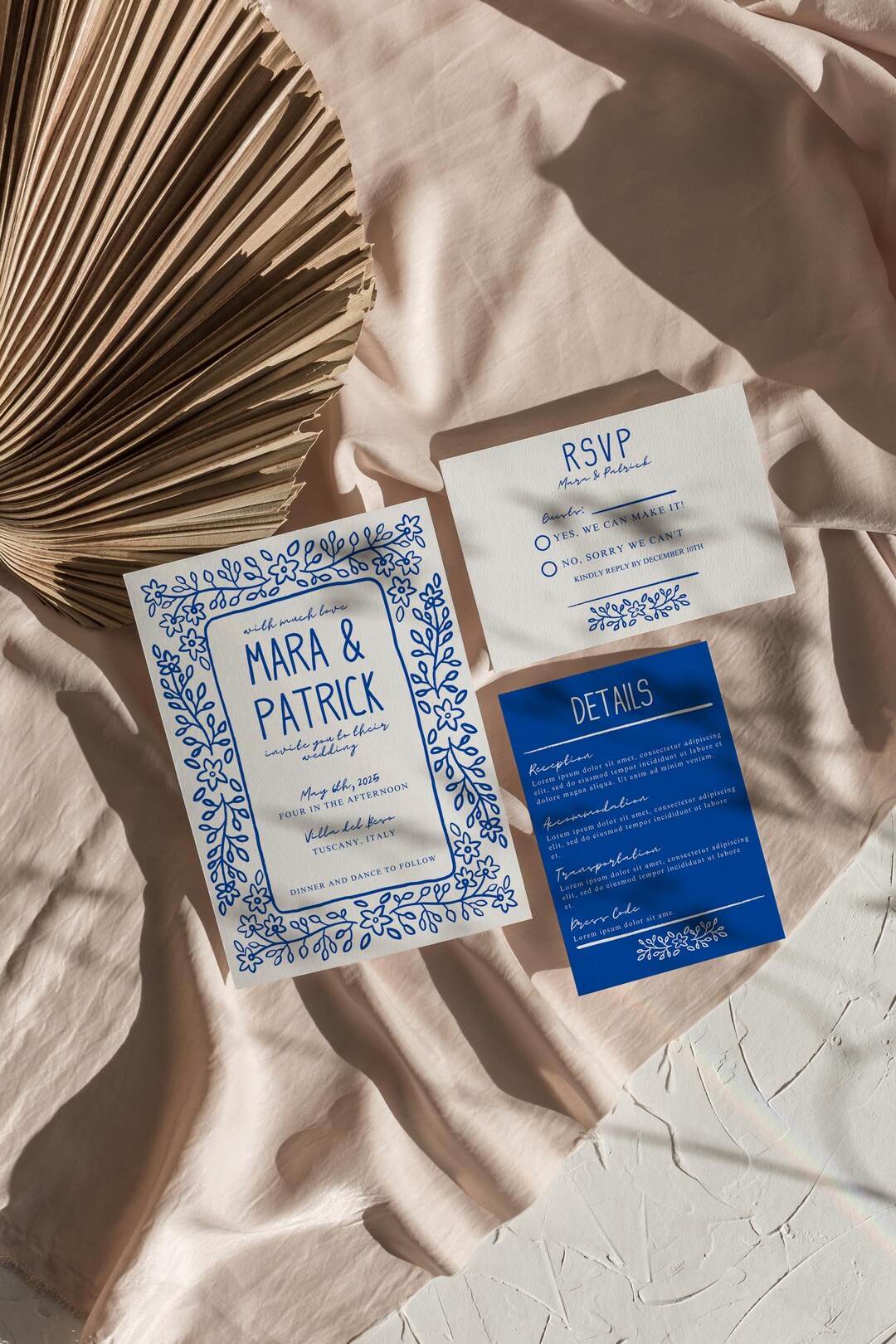 Mediterranean Wedding Invitation - Blue | Hand-illustrated Digital ...