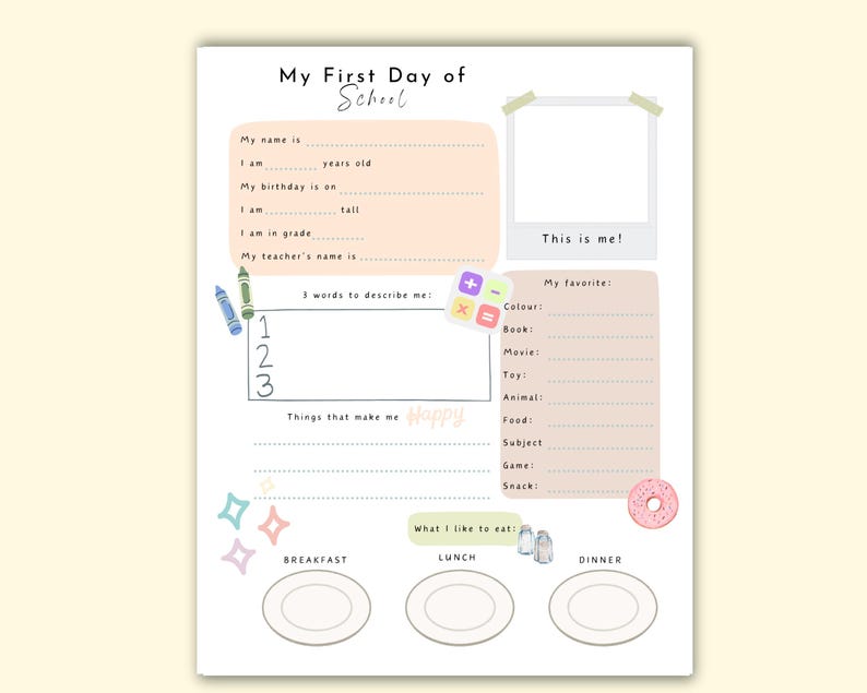 All About Me Printable First Day of School Interview First Day of ...