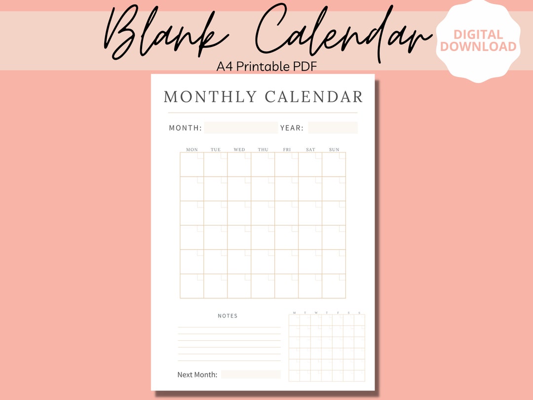 Blank Monthly Calendar Blank Calendar Calendar With Notes Yearly ...