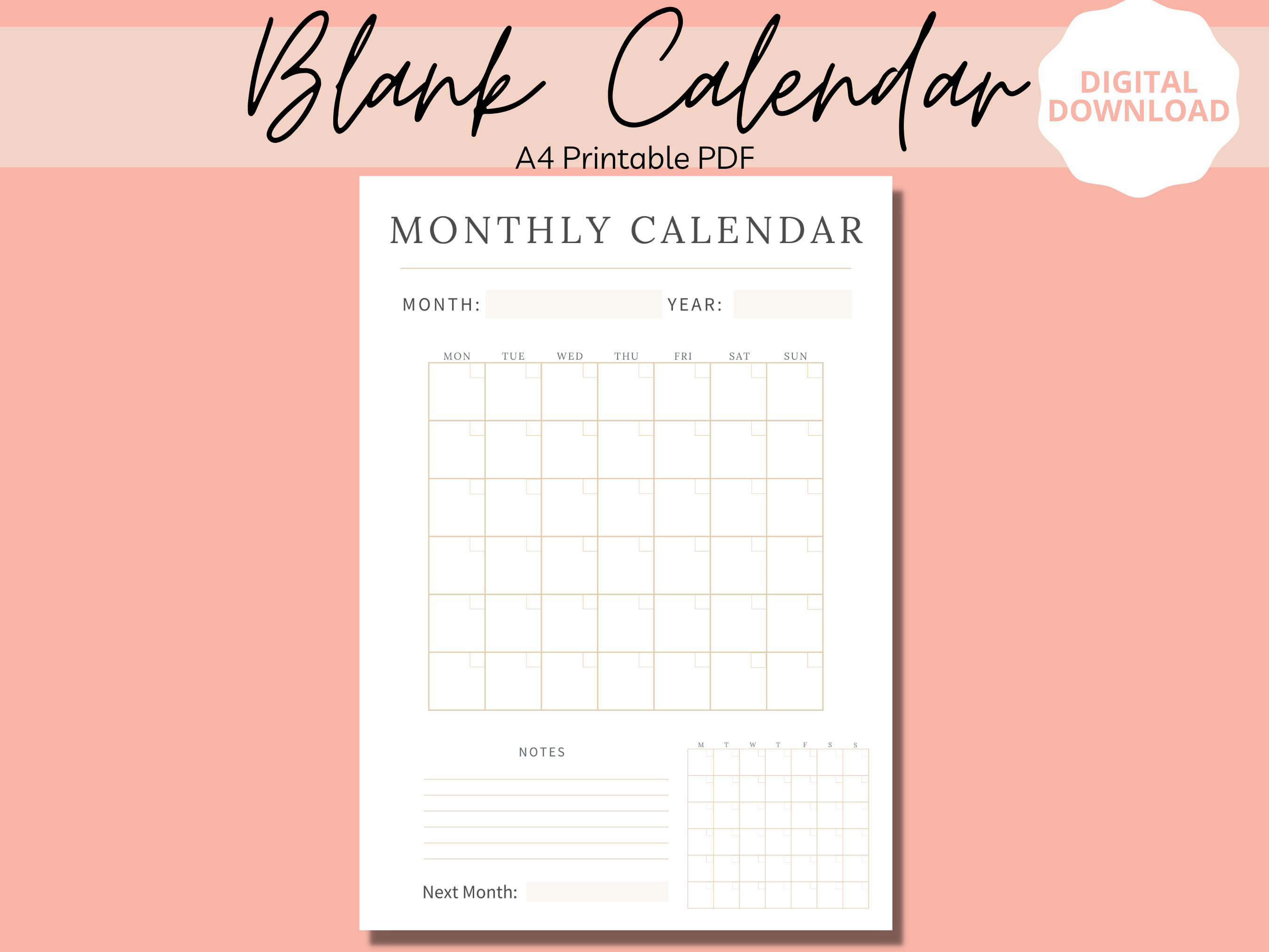 Blank Monthly Calendar Blank Calendar Calendar With Notes Yearly ...