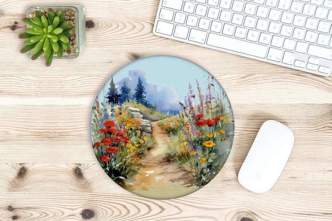 Wildflower Mouse Pad | Mountain Nature Path Mousepad | Watercolor ...