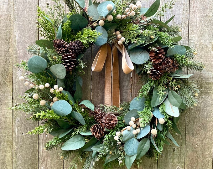 Farmhouse Christmas Wreath, Pine & Eucalyptus Winter Holiday Wreath ...
