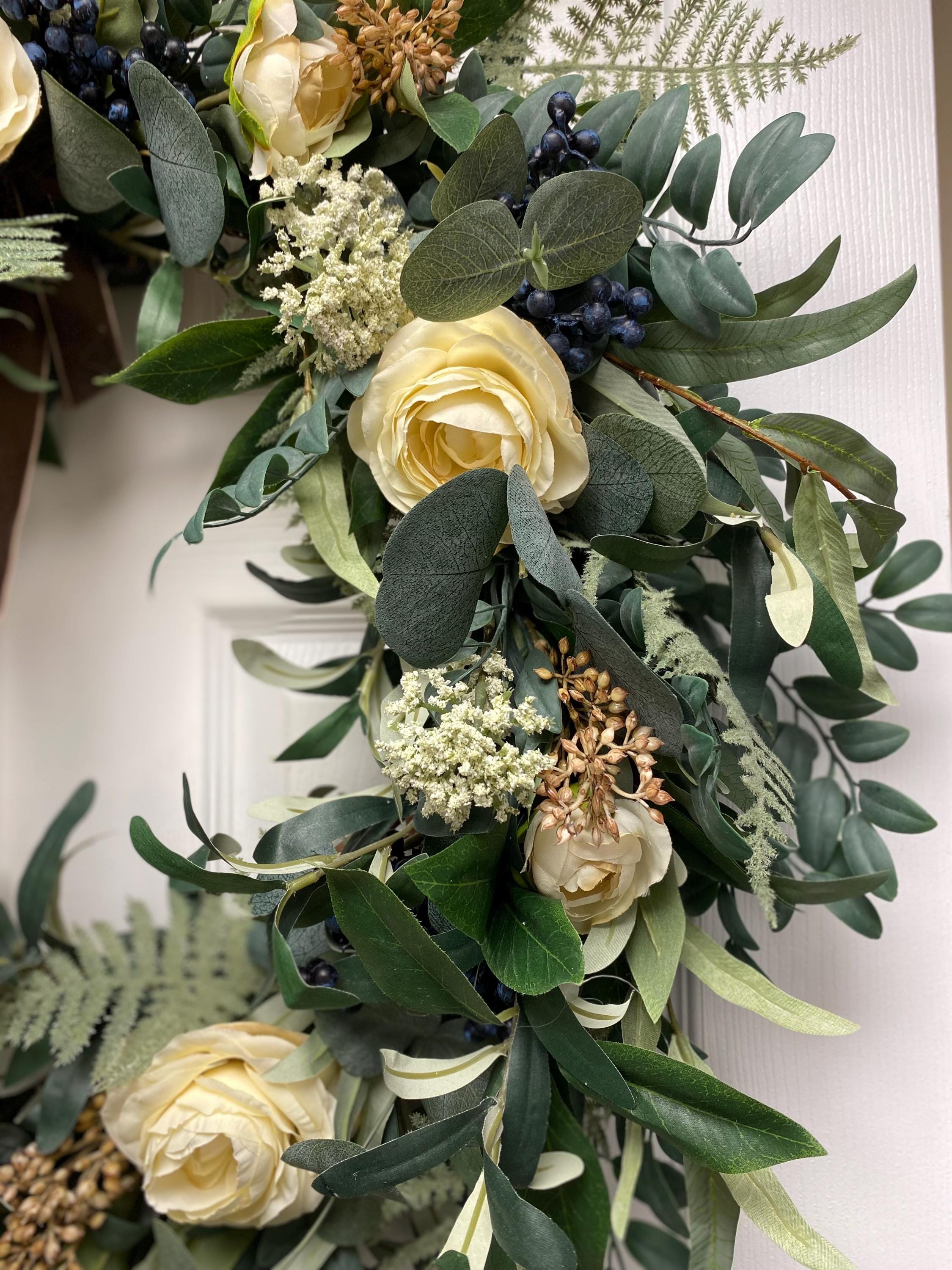 Eucalyptus Wreath: Handmade Farmhouse Greenery, Cream Ranunculus & Blue ...