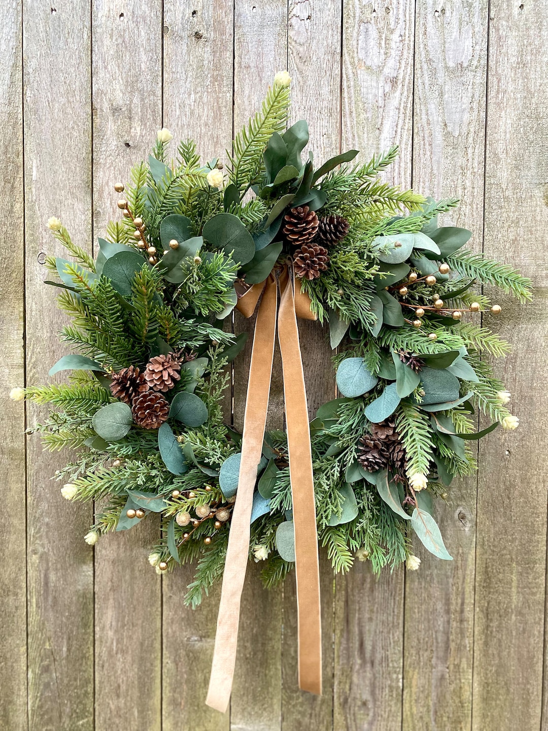 Farmhouse Christmas Wreath, Pine & Eucalyptus Winter Holiday Wreath ...