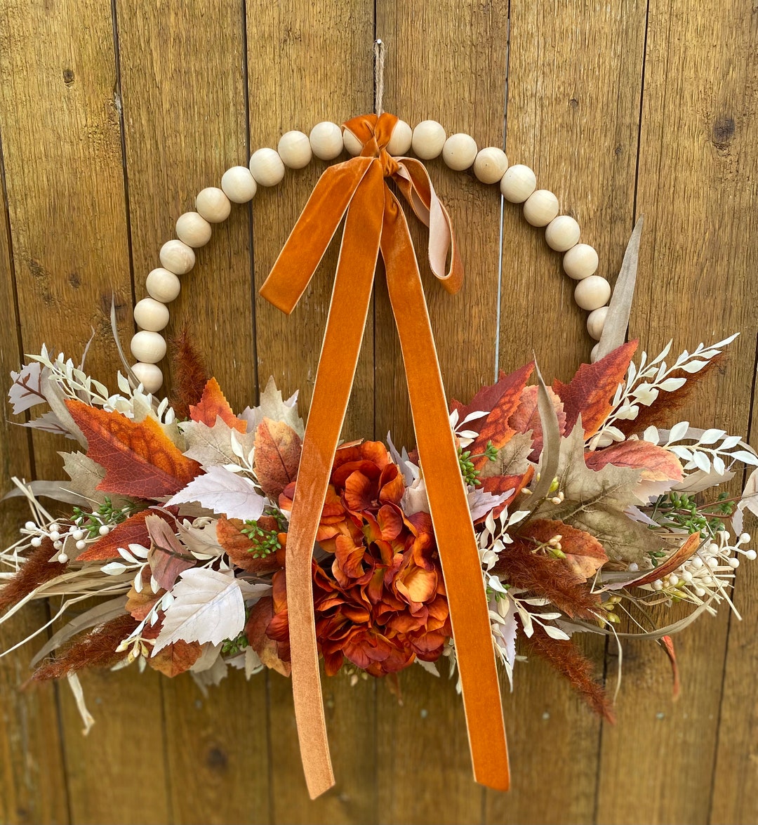 Fall Boho Wood Bead Wreath-country Fall Wreath-farmhouse Wall Decor ...