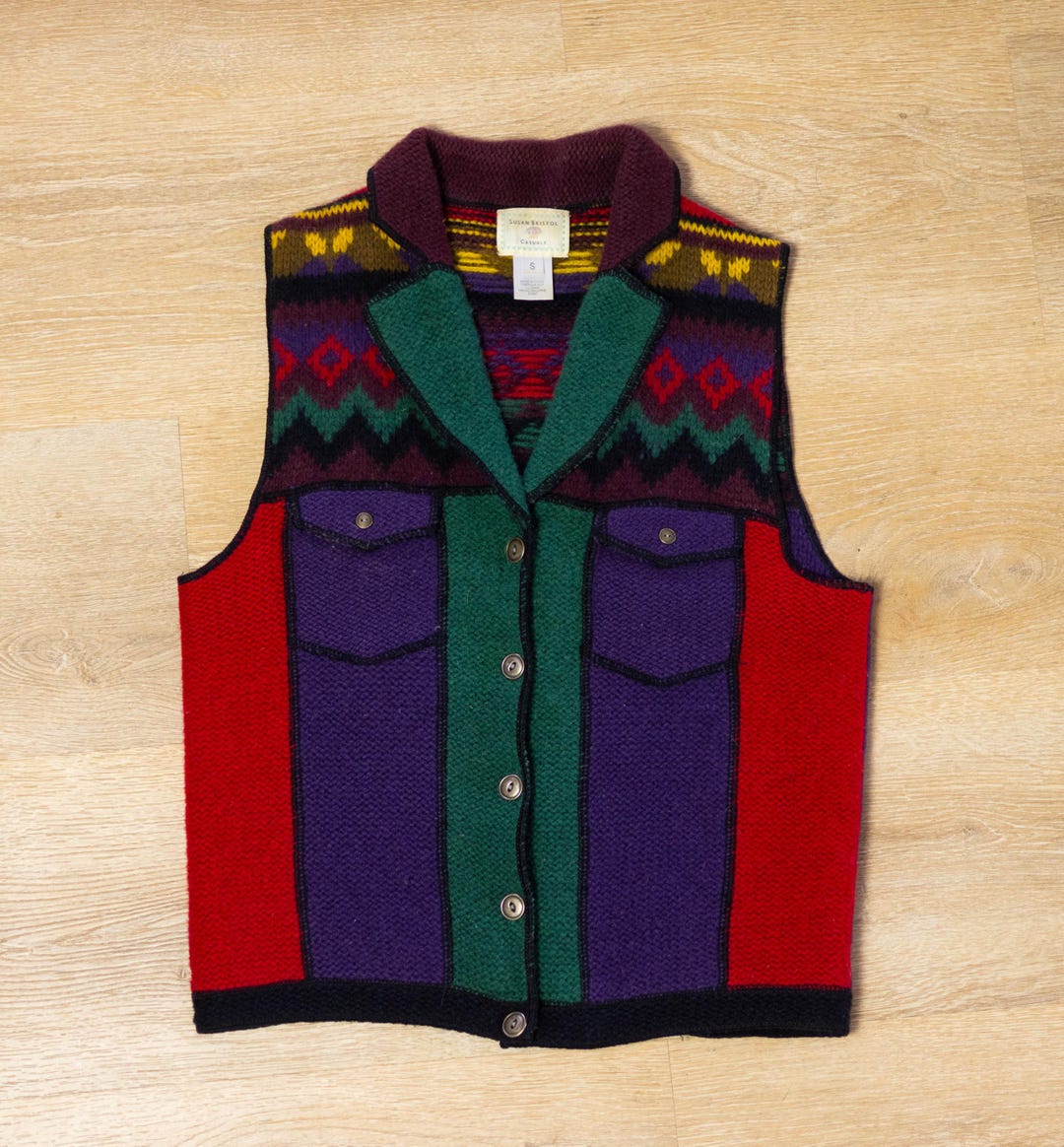 Vintage 90s Funky Wool Sweater Vest | Susan Bristol Casuals Colorful ...
