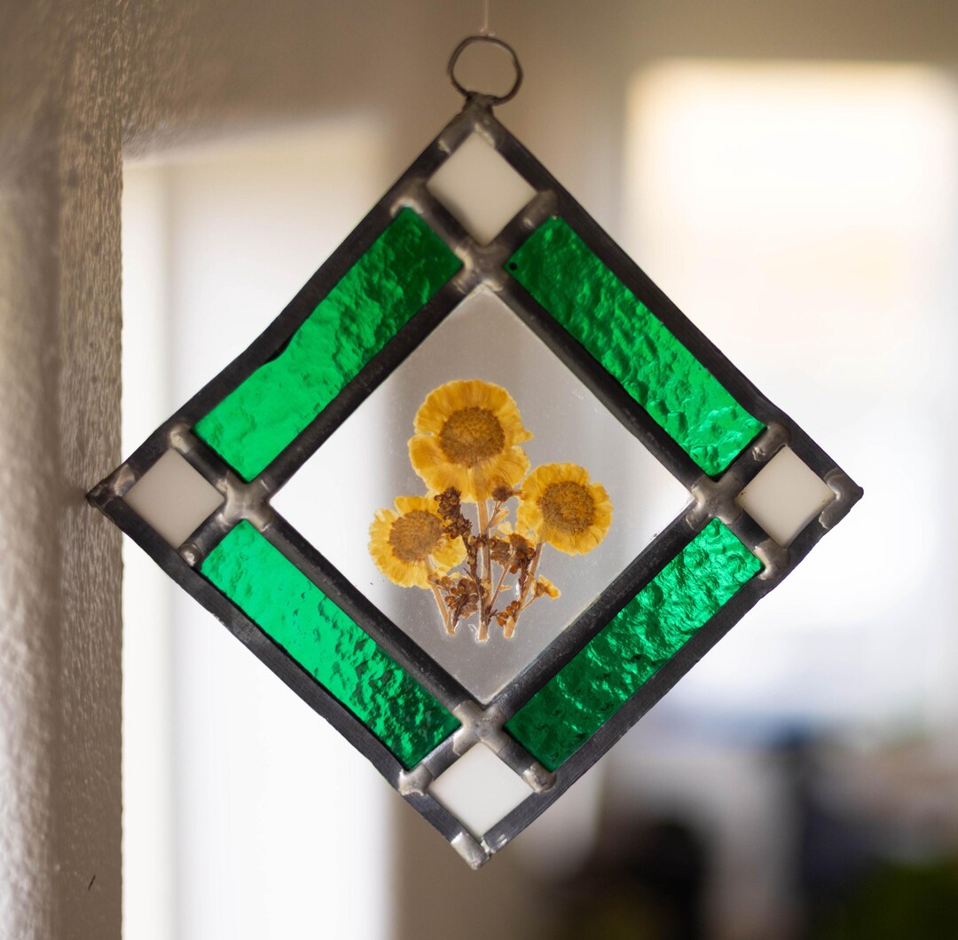 Vintage Stained Glass Pressed Flowers Sun Catcher Green Stained Glass ...