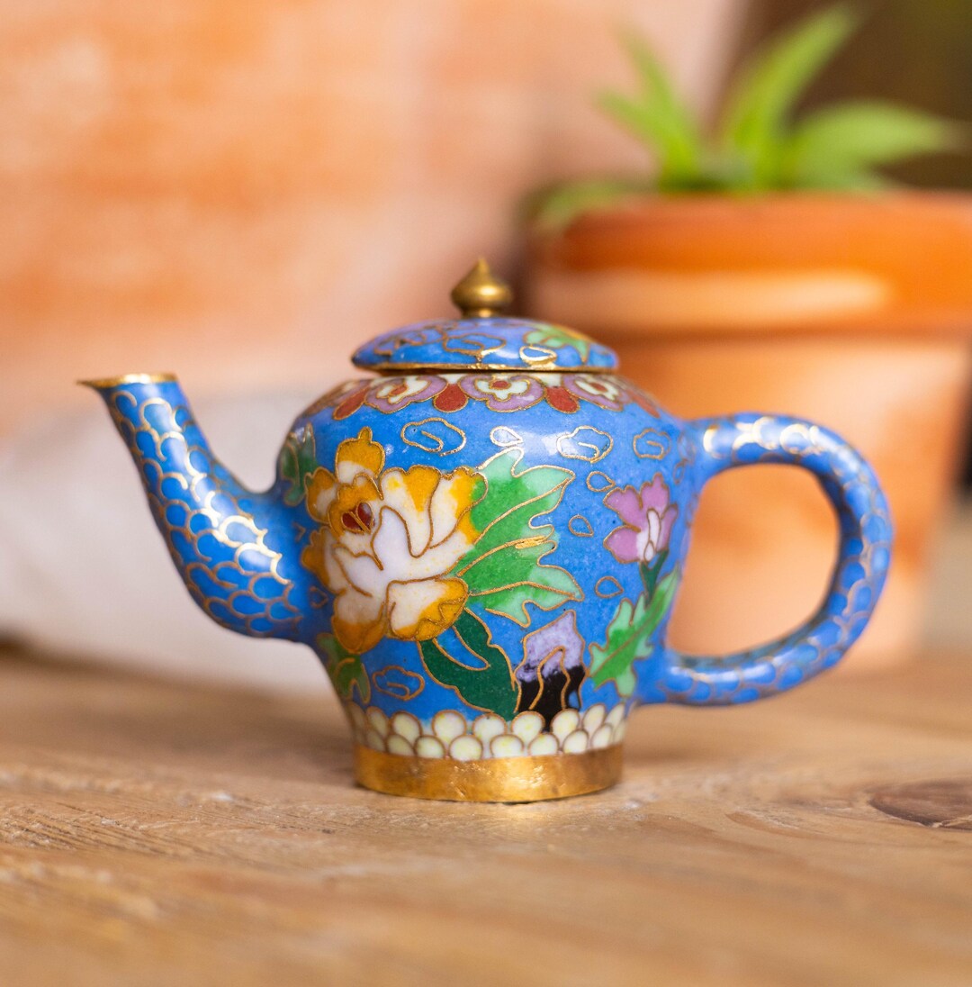 Vintage Mini Cloisonné Teapot | Light Blue Floral Enamel Metal ...