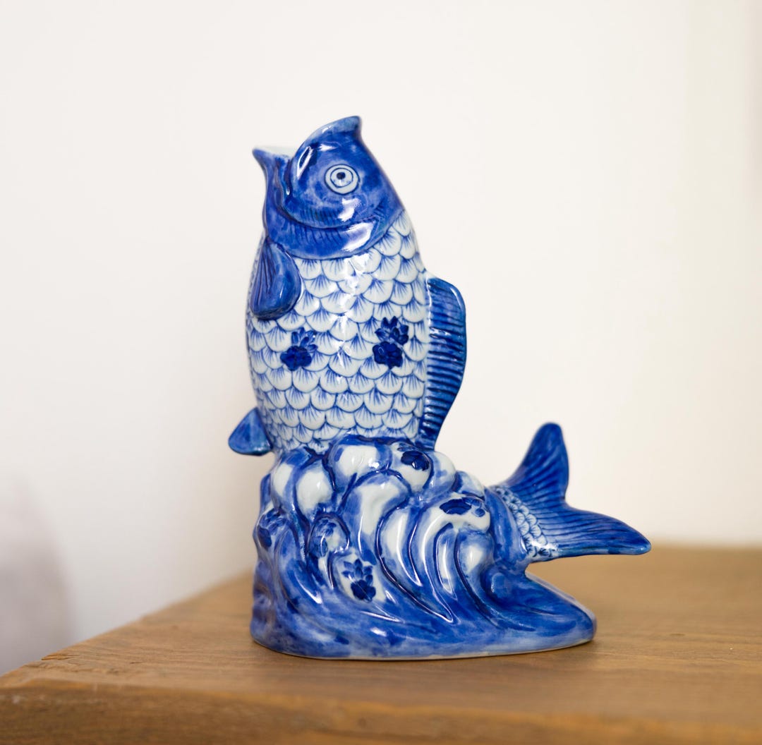 Vintage Porcelain Fish Vase | Blue and White Chinese Koi Fish Figural ...