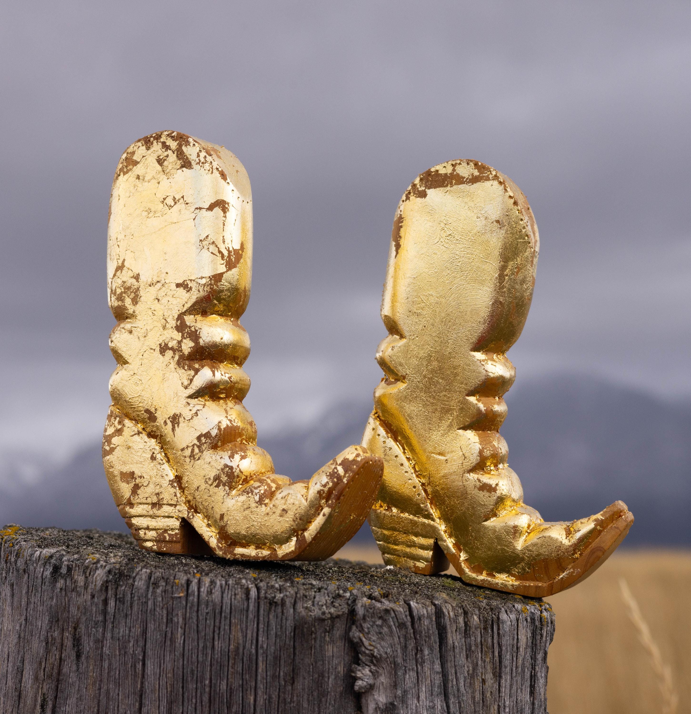 Vintage Hand Carved Gold Leaf Wood Mini Cowboy Boots Pair of Pen Pencil ...